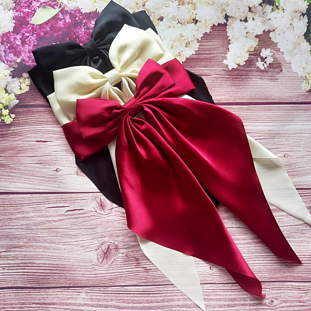 Large Satin Bow, Satin Bow, Hair Ribbon Bow, Long Ribbon Tails, Hair ...