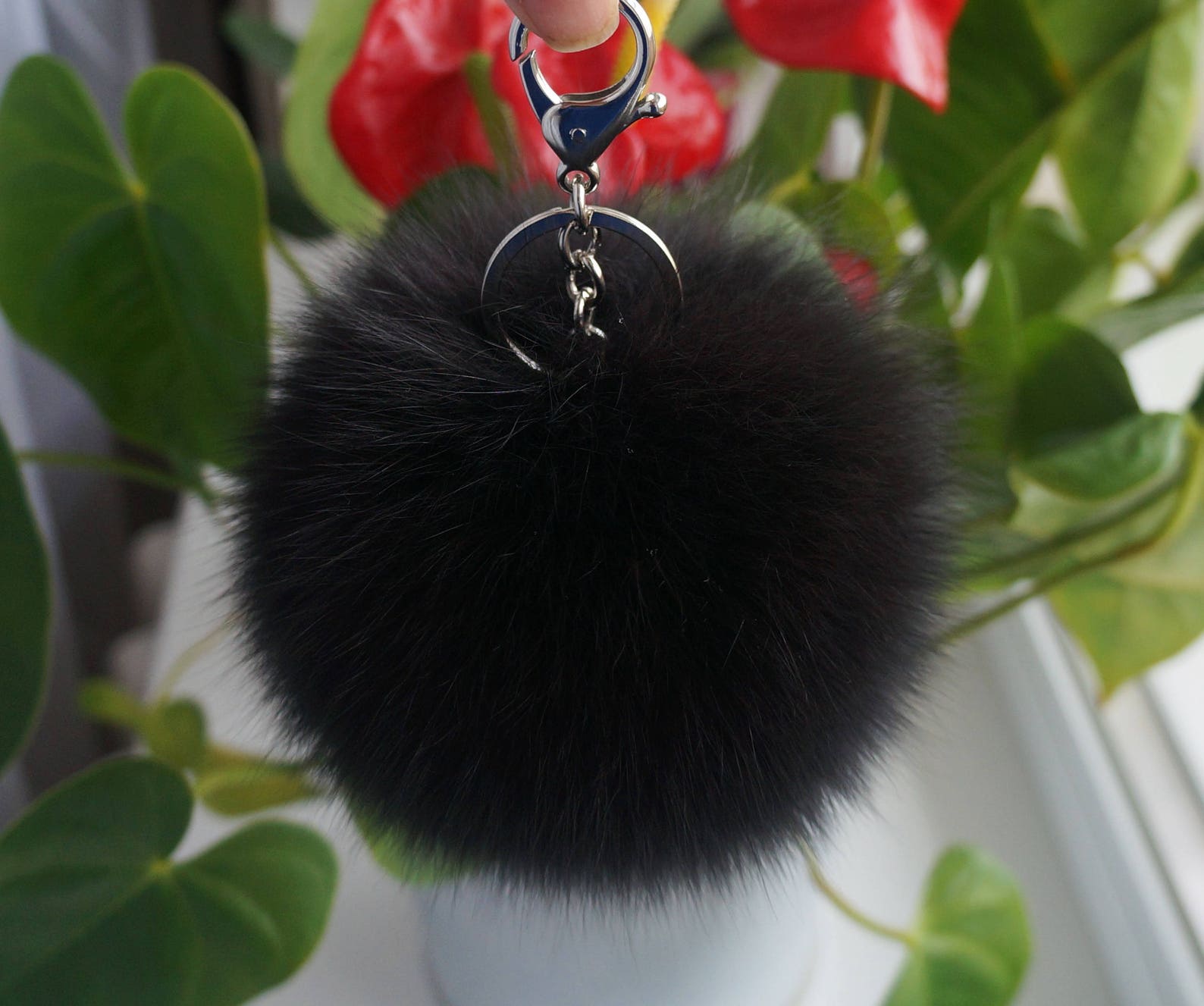 Fur keychain Fur pom pom keychain Black keychain Fox fur | Etsy