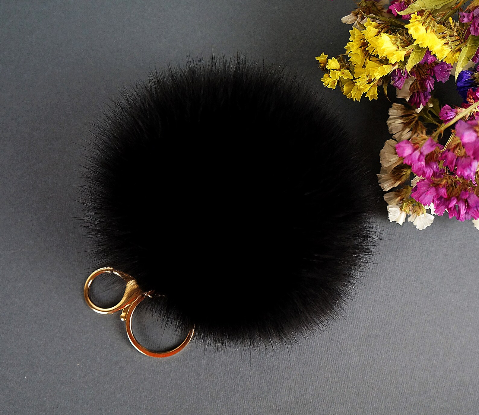 Fur keychain Fur pom pom keychain Black keychain Fox fur | Etsy