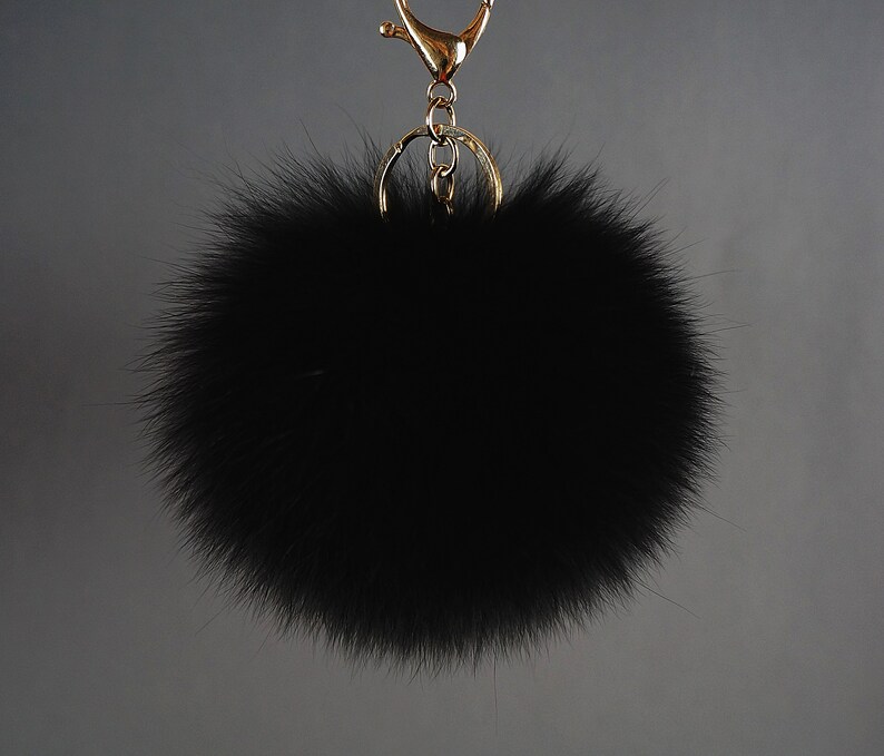 Fur keychain Fur pom pom keychain Black keychain Fox fur | Etsy