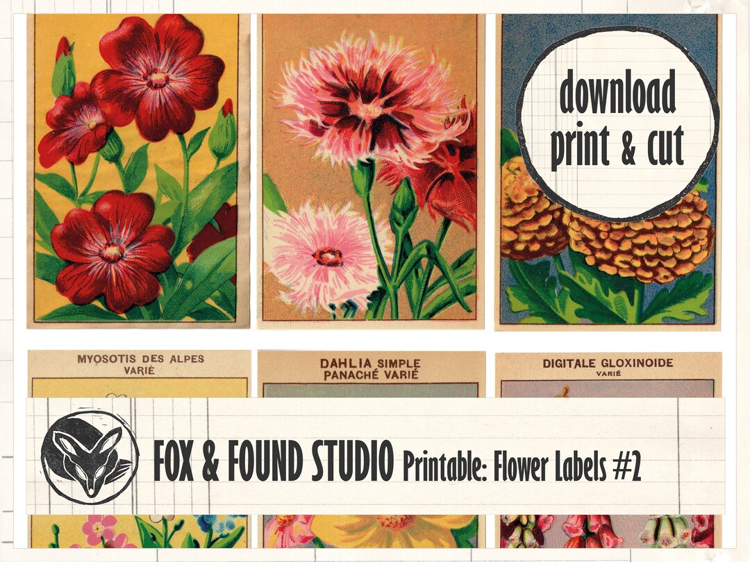 Vintage Flower Labels Set 2 Printable Ephemera Digital Download, A4 ...