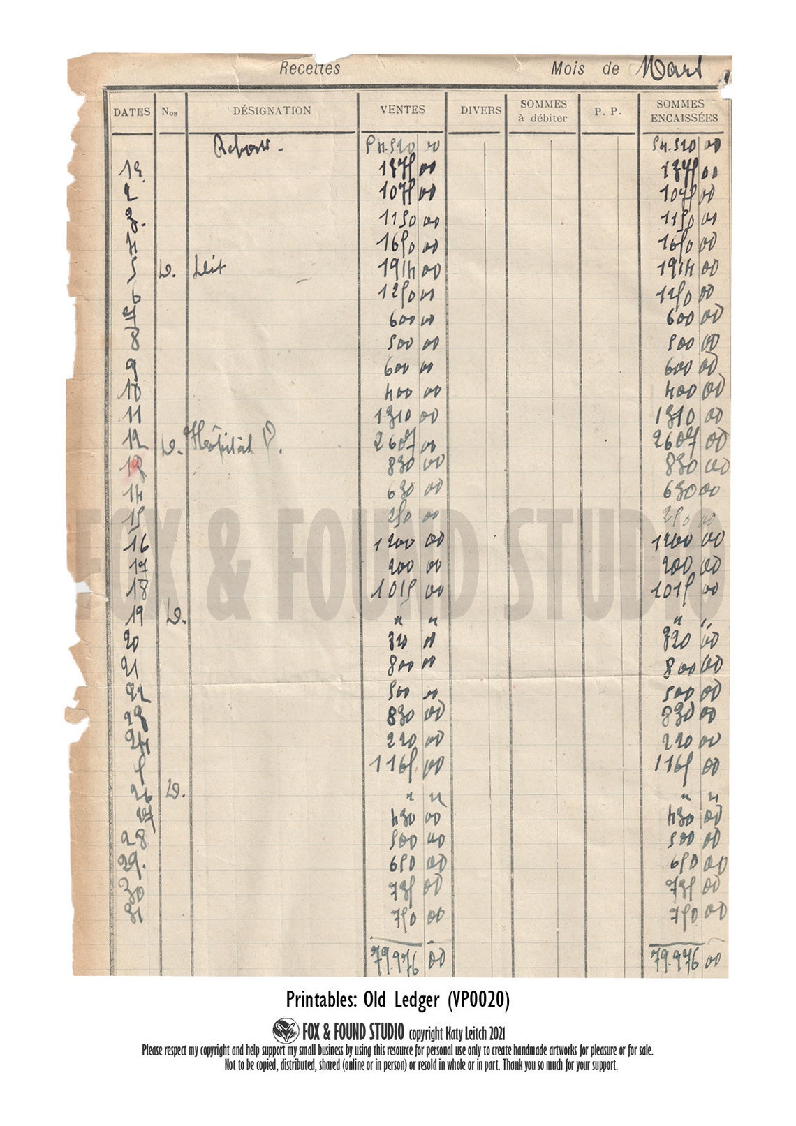 Antique Ledger Page Printable Ephemera, Digital Download, A4 PDF Sheet ...