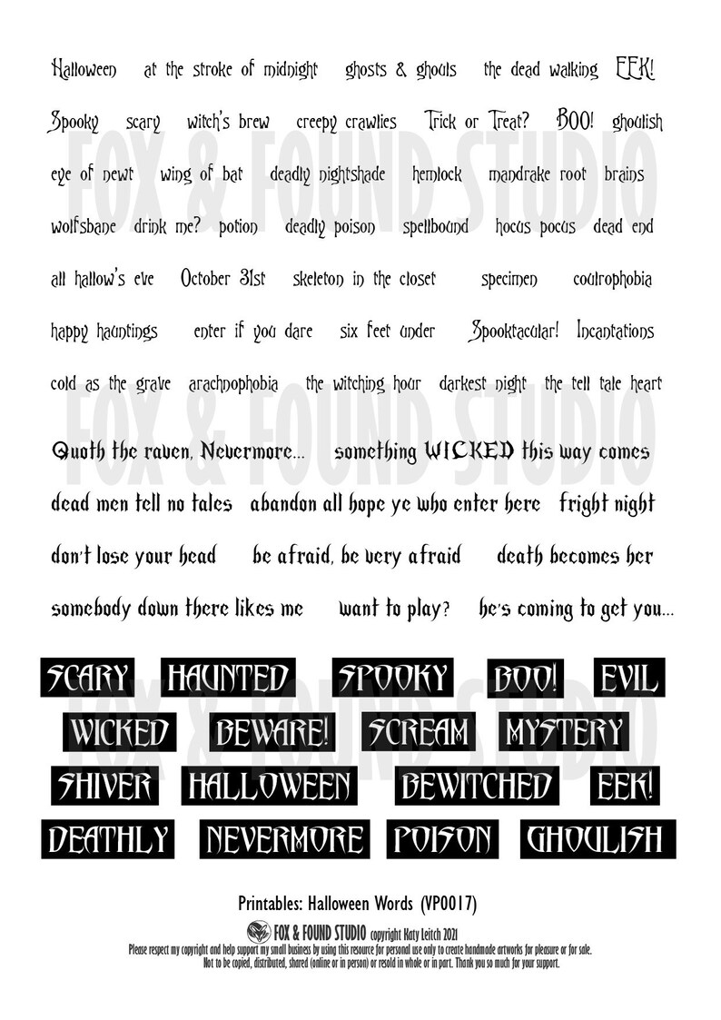 Spooky Halloween Words Printable Digital Download, A4 Sheet, Junk ...