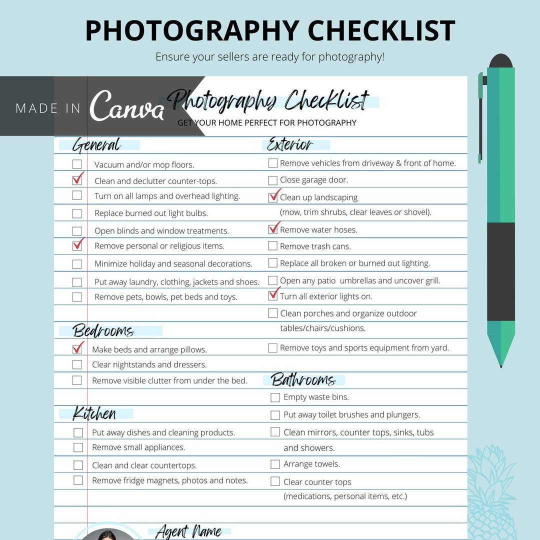 EDITABLE Real Estate Photography Checklist | Real Estate Printable ...