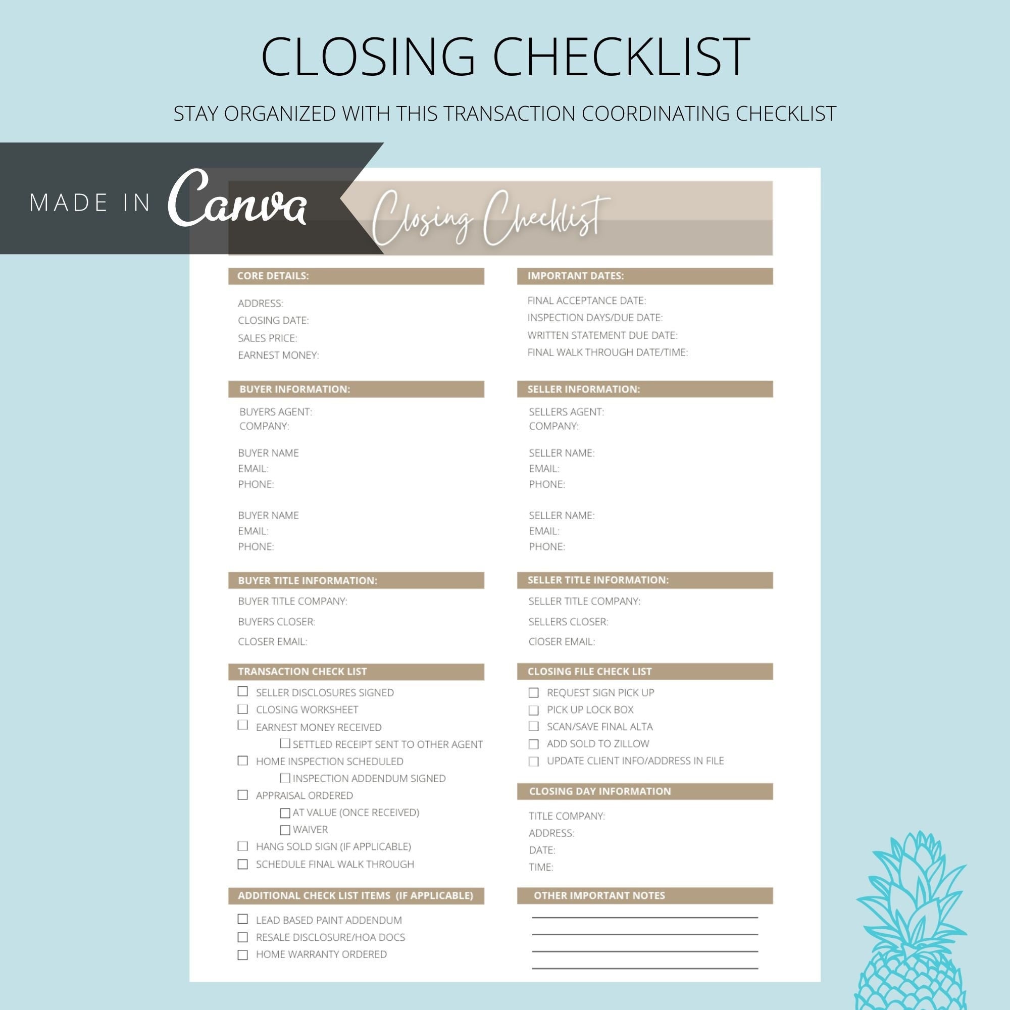 Simple Closing Worksheet Real Estate Checklist | Transaction ...