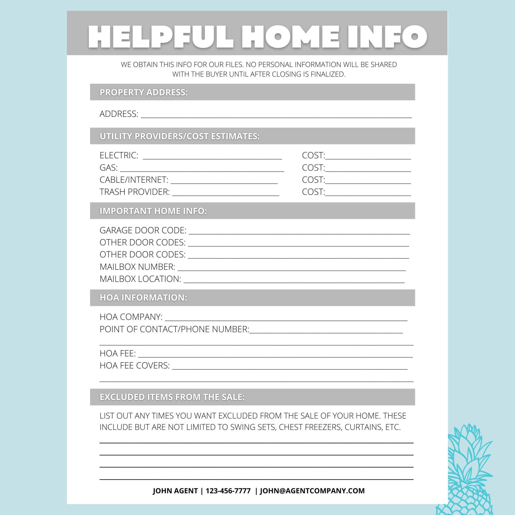 Real Estate Helpful Home Info Sheet | Home Seller Checklist | Realtor ...