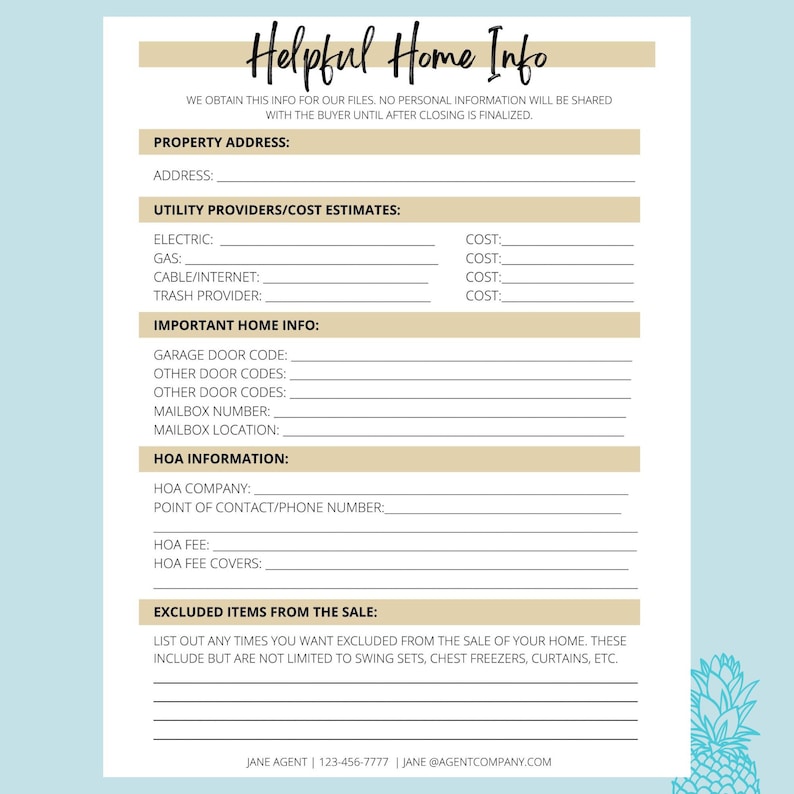 Real Estate Helpful Home Info Sheet | Home Seller Checklist | Realtor ...