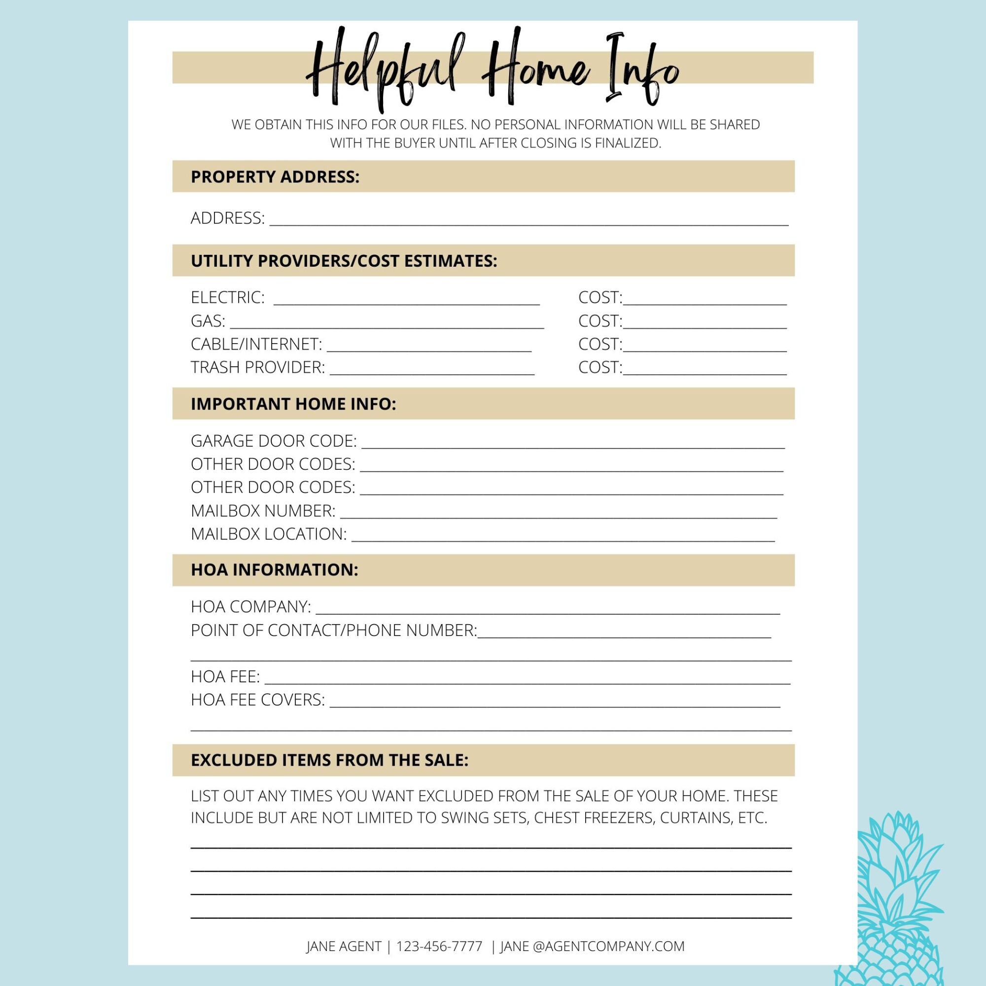 Real Estate Helpful Home Info Sheet | Home Seller Checklist | Realtor ...