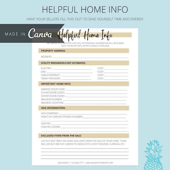 Real Estate Helpful Home Info Sheet Home Seller Checklist - Etsy