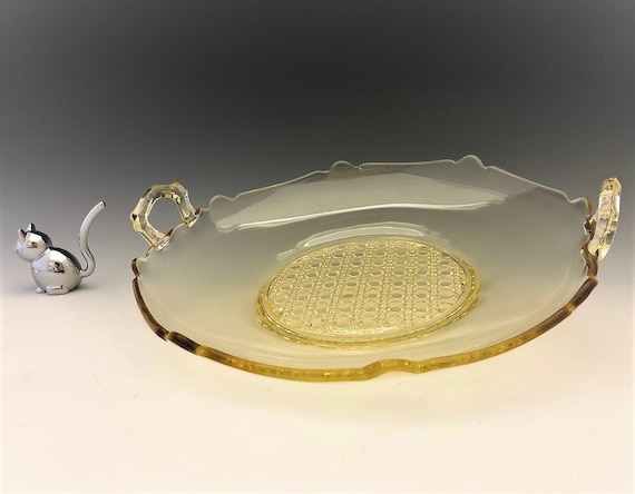 Lancaster Glass Peaks Pattern Handled Plate 1723/7 Topaz | Etsy