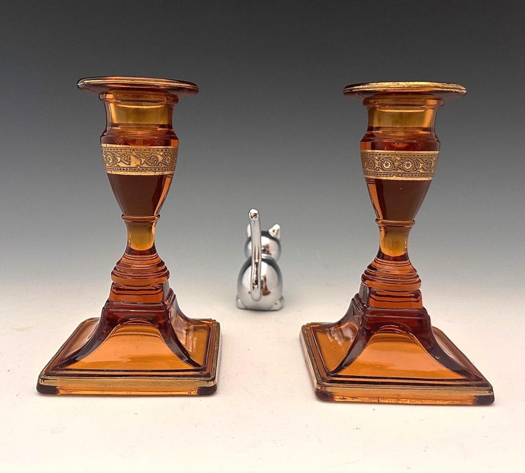 Set of 2 Cambridge No. 635 Amber Candlesticks With D619 Gold Band ...