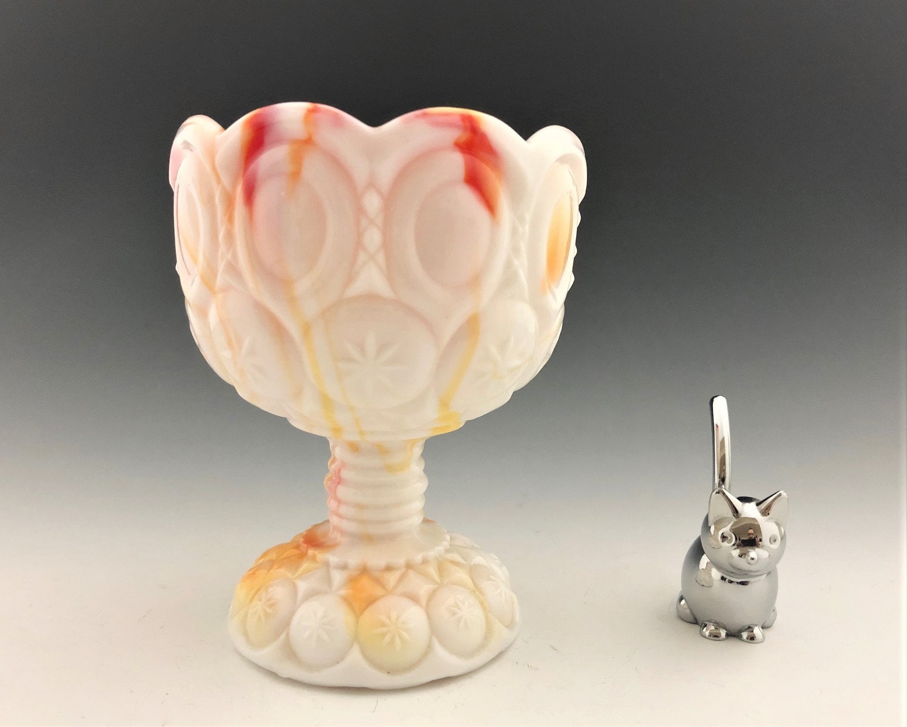 Kanawha Glass Orange and Red Slag Glass Moon and Stars Compote