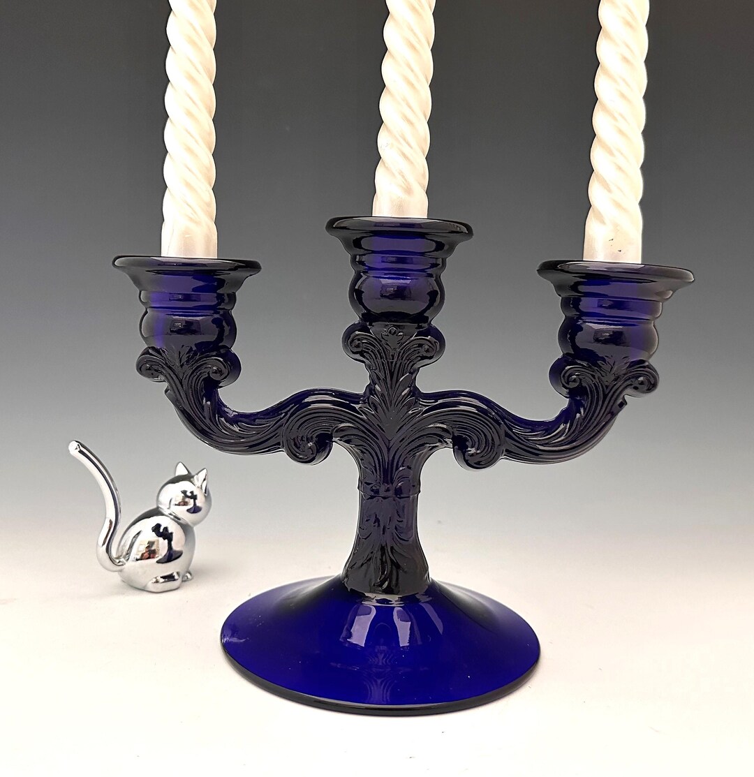 Cambridge No. 1307 Three-light Candlestick in Royal Blue - Hard to Find ...