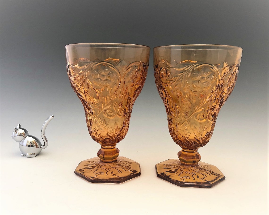 Mckee Rock Crystal Amber Goblets Set of Two 16 Ounce Candy - Etsy