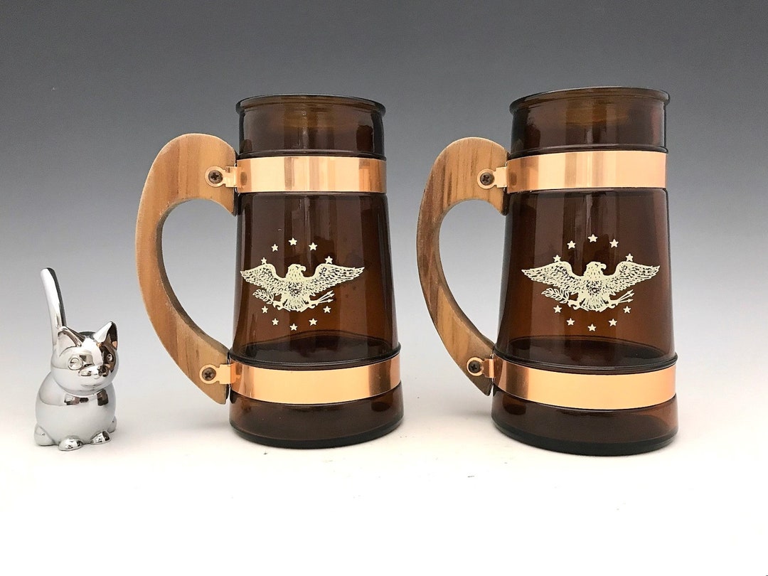 Set of Two Siesta Ware Amber Glass Mugs With Wooden Handles - Eagle and ...