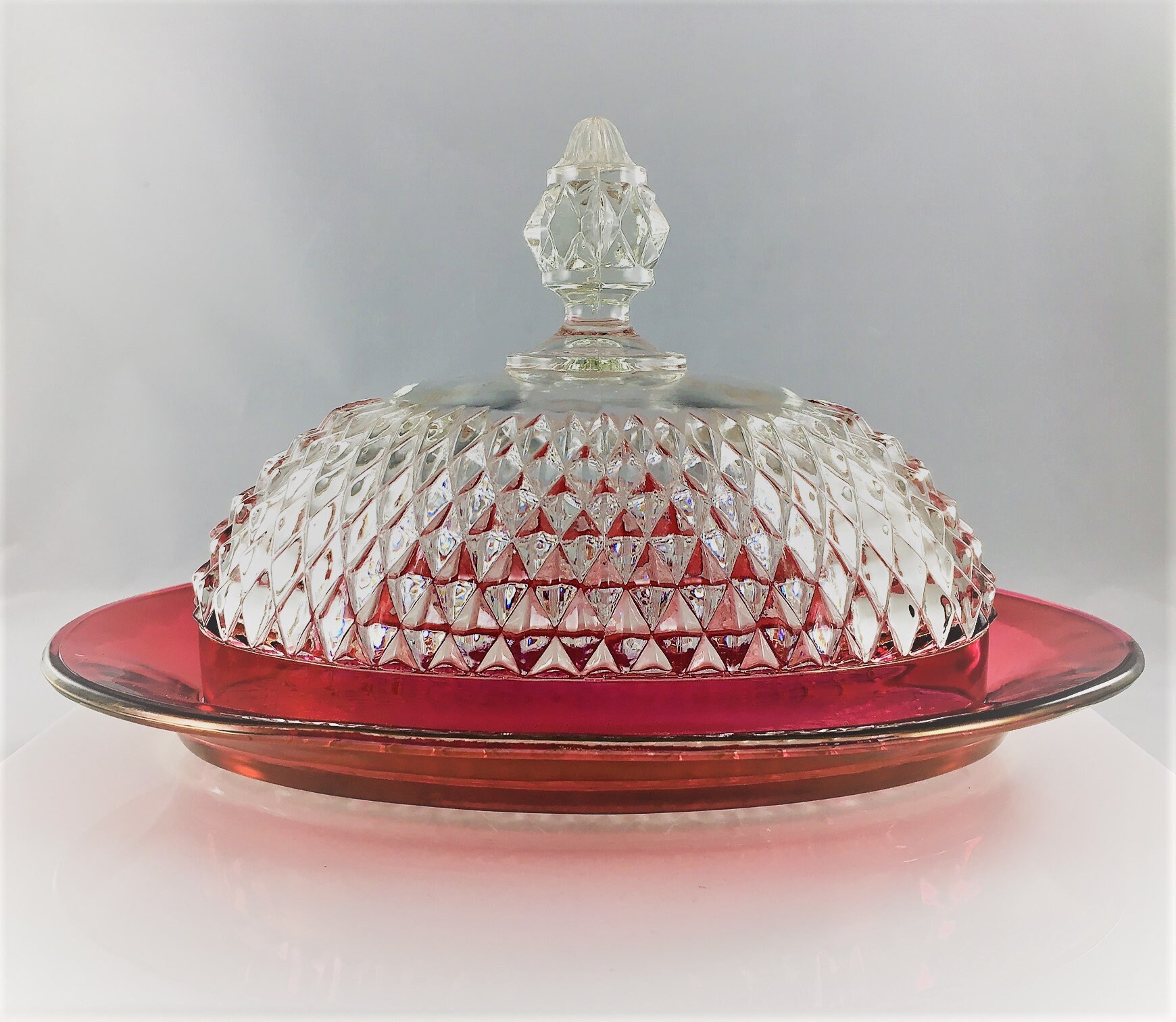 Vintage Indiana Glass Diamond Point Ruby Covered Butter Dish With Bonus