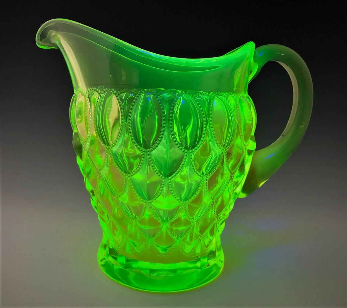 Mosser Vaseline Glass Pitcher Elizabeth Pattern Beaded | Etsy