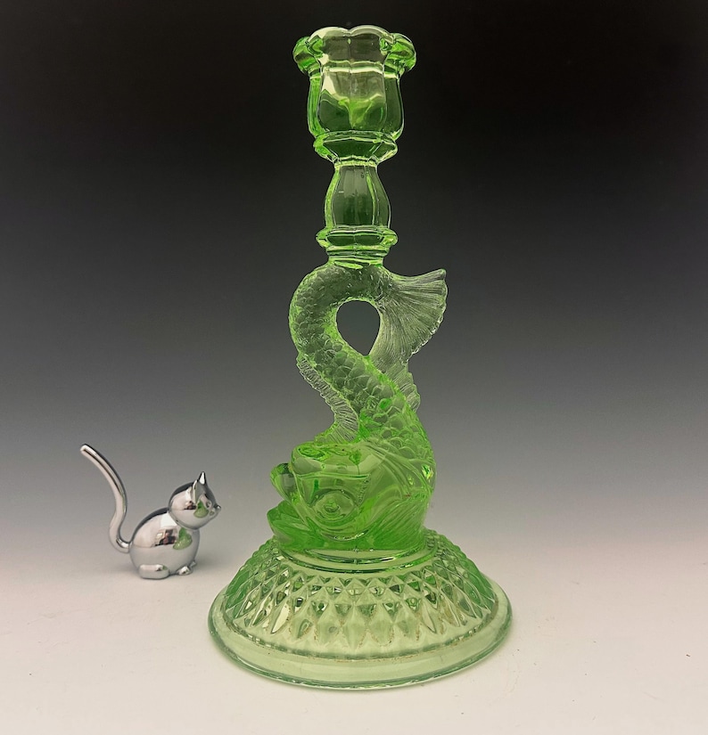 Cambridge No. 109 Dolphin Candlestick in Emerald - Hard to Find Uranium ...