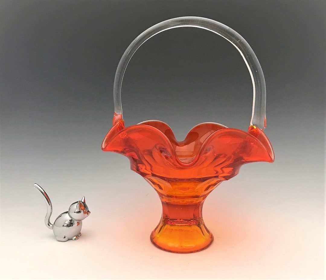 Viking Glass Georgian Pattern Basket in Persimmon - Mid Century Glass ...