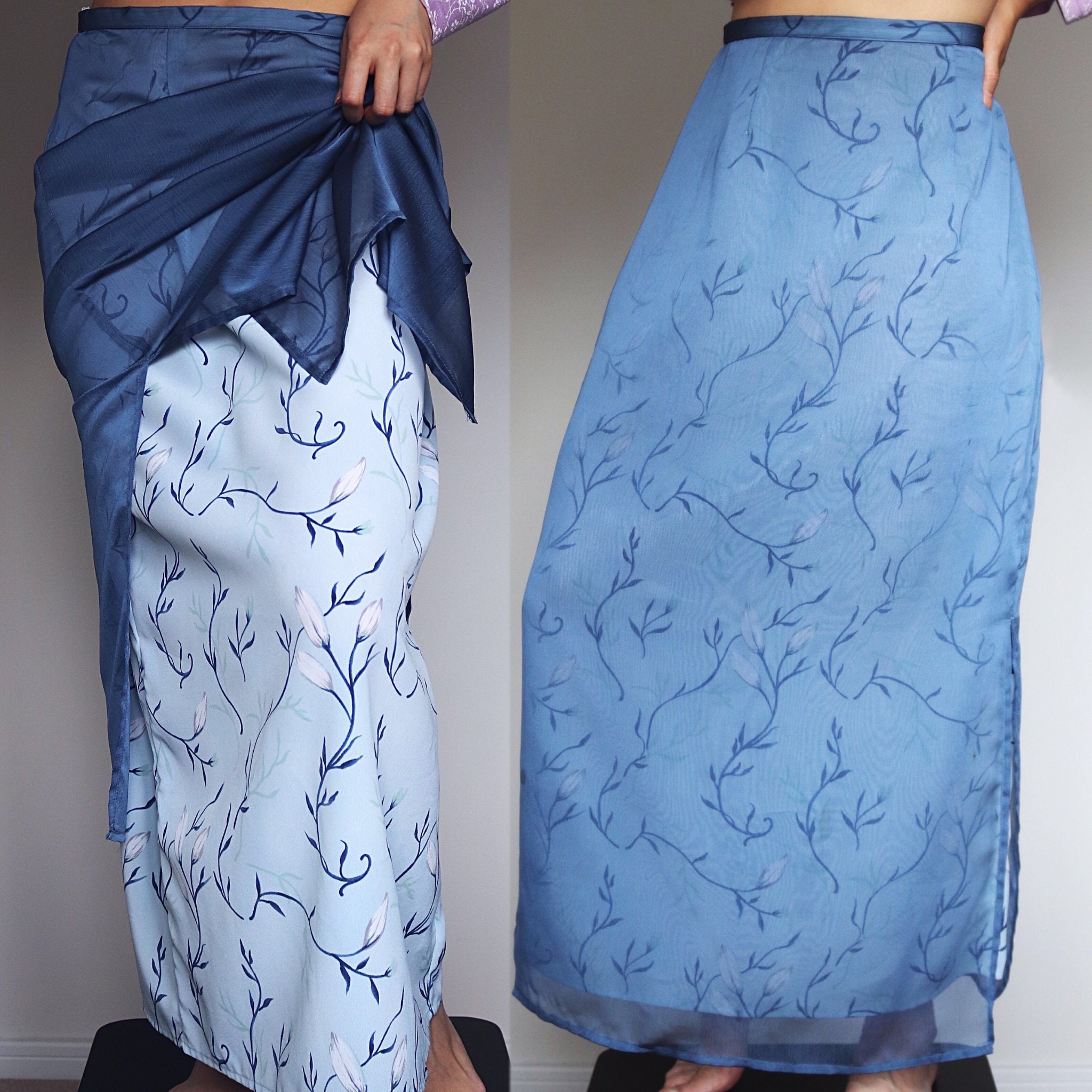 90s Y2K 00s BOHO hippie vintage blue floral layered midi skirt | Etsy