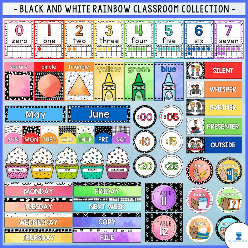 Black and White Rainbow Classroom Decor Bundle Monochrome Rainbow ...