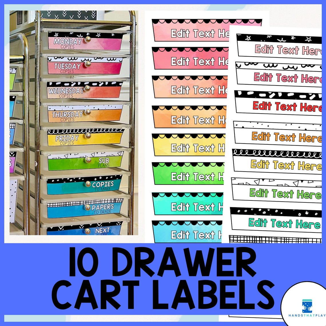 10 Drawer Cart Labels for the Classroom | Monochrome Rainbow Watercolor ...