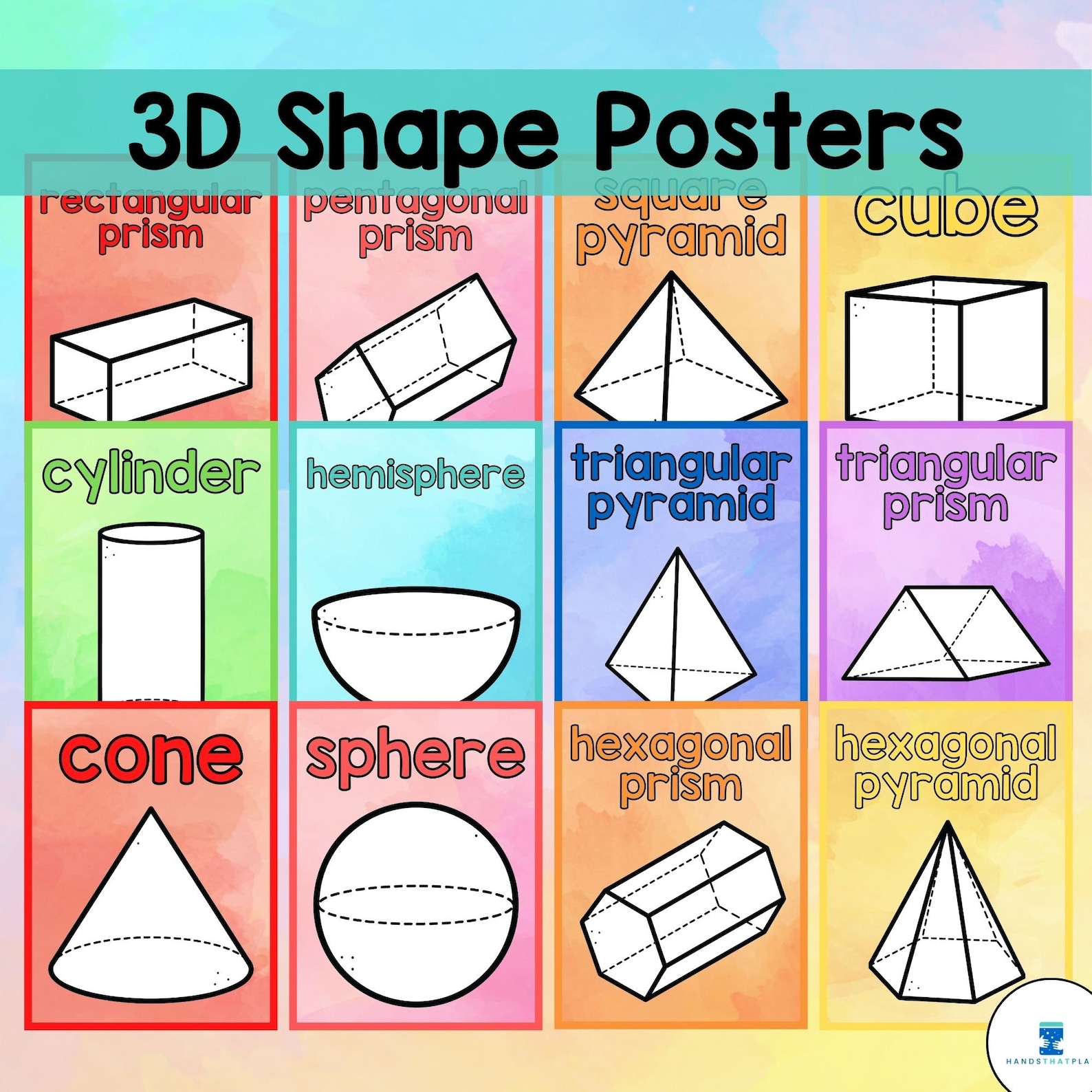 2D and 3D Shape Posters | Rainbow Watercolors | Classroom Decor - Etsy