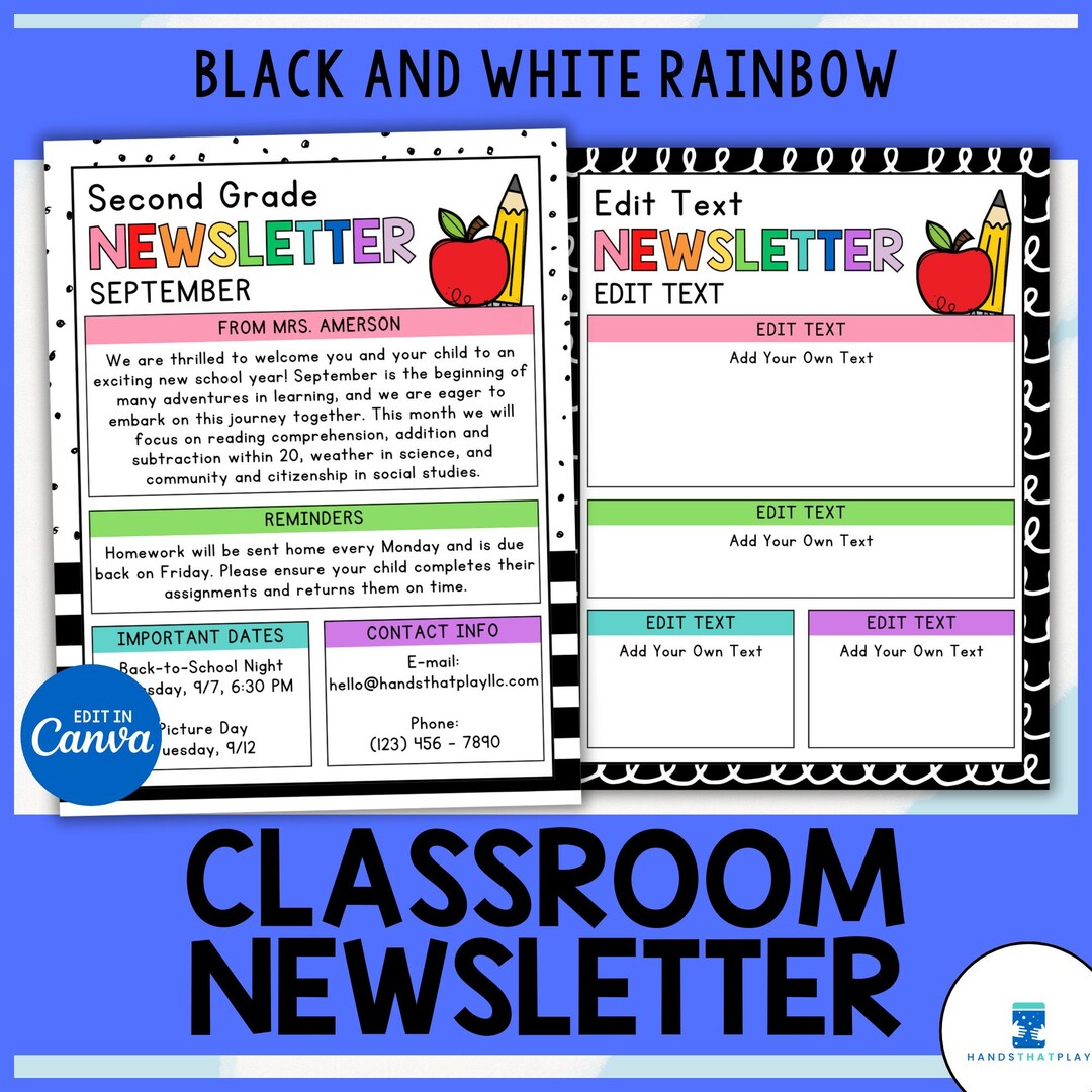 Classroom Newsletter | Editable Template | Black and White Rainbow ...