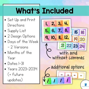 Daily Hanging Flip Calendar or Pocket Chart Cards - Rainbow Watercolor ...