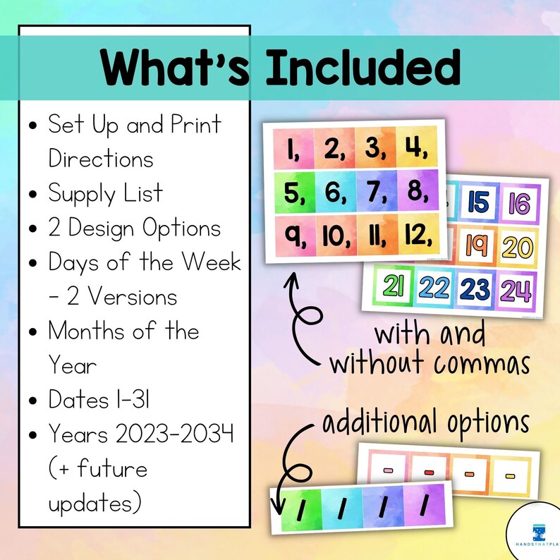 Daily Hanging Flip Calendar or Pocket Chart Cards - Rainbow Watercolor ...