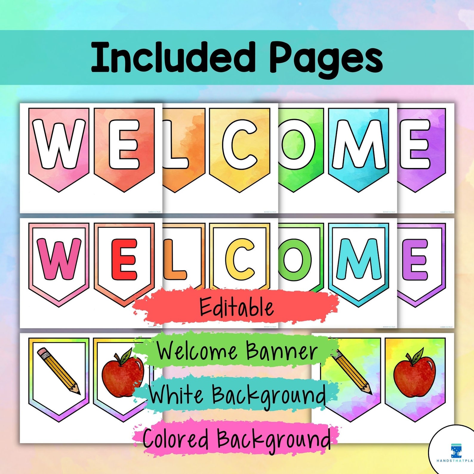 Editable Welcome Banner and Bunting Letters Rainbow Watercolor ...