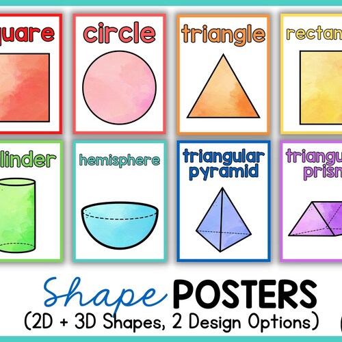 2d And 3d Shape Posters Rainbow Watercolors Classroom Etsy