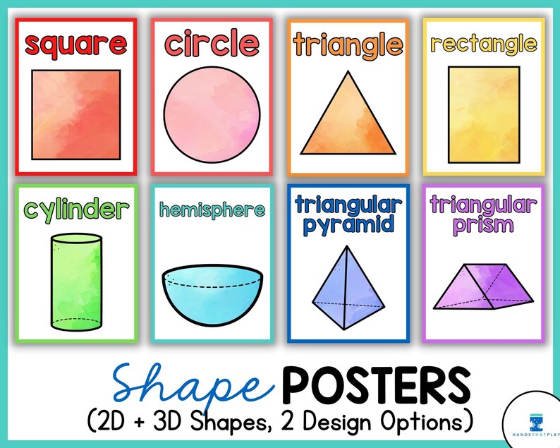 2d And 3d Shape Posters Rainbow Watercolors Classroom Etsy