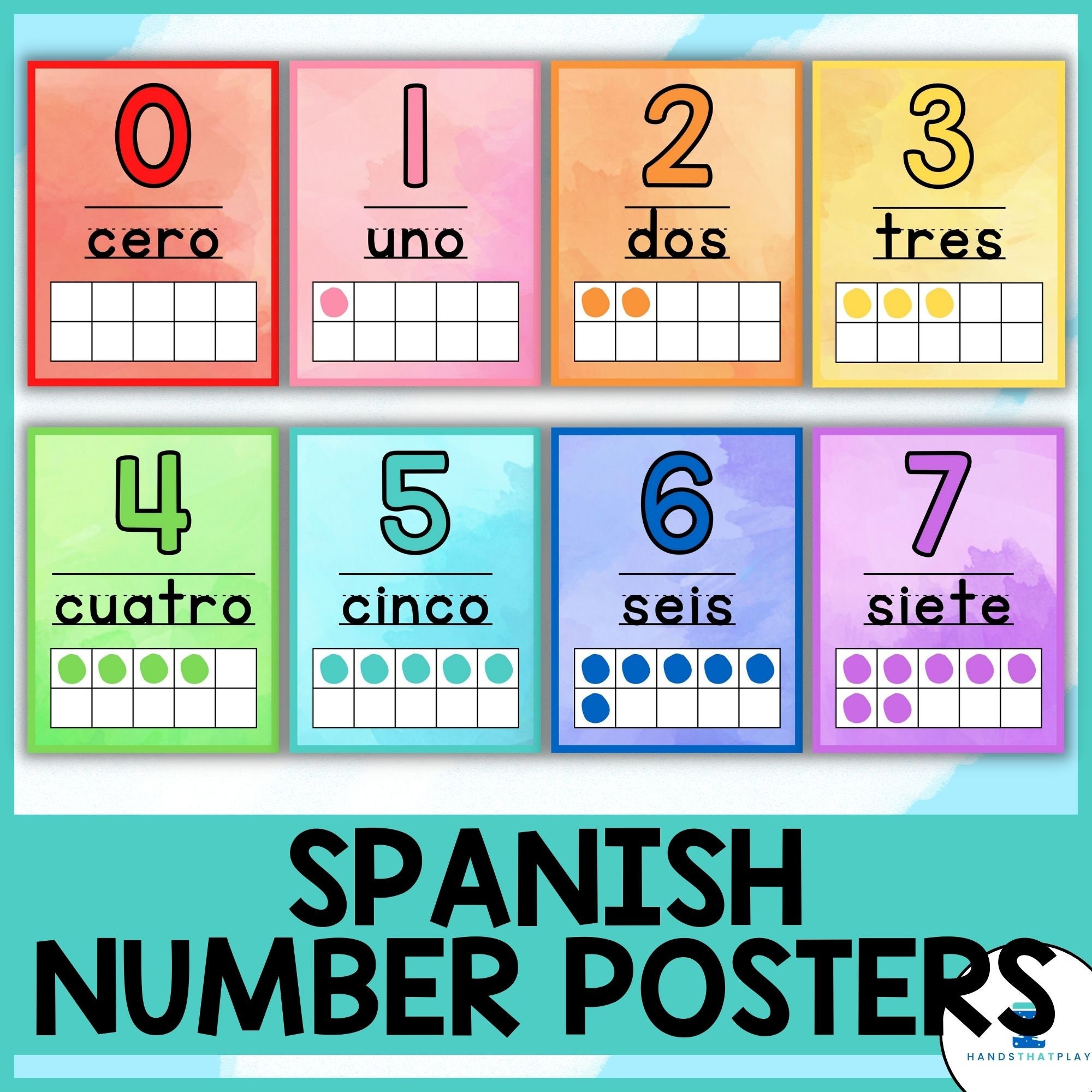 Spanish Number Posters Number Words Number Line Rainbow Watercolor ...