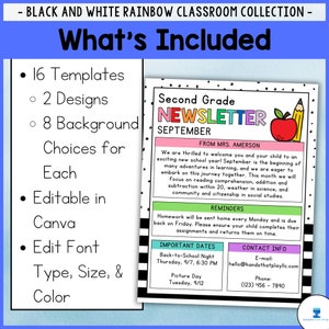 Classroom Newsletter | Editable Template | Black and White Rainbow ...