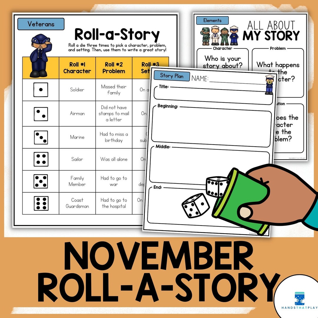 Roll a Story Writing Prompts November, Veterans, Thanksgiving - Etsy