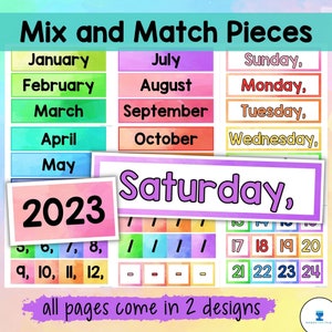 Daily Hanging Flip Calendar or Pocket Chart Cards - Rainbow Watercolor ...