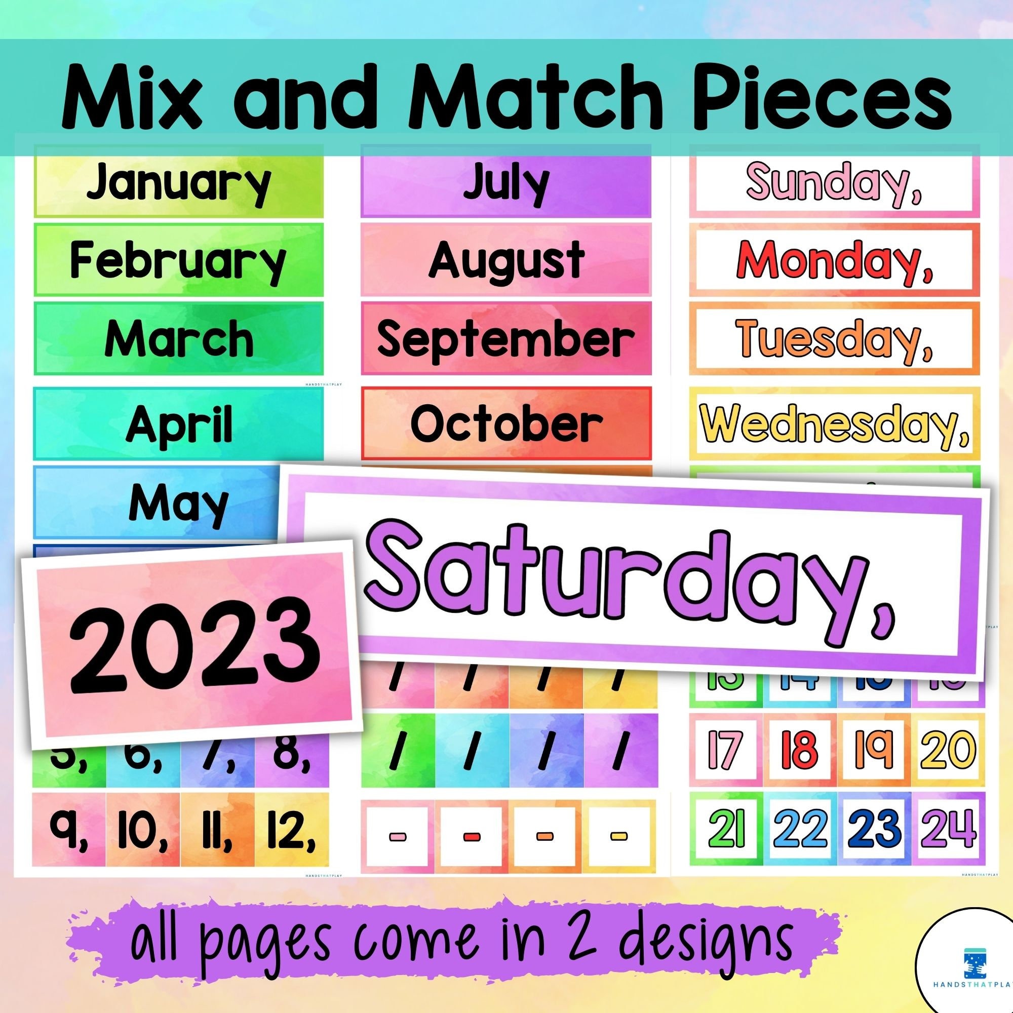 Daily Hanging Flip Calendar or Pocket Chart Cards - Rainbow Watercolor ...