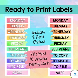 10 Drawer Rolling Cart Labels - Editable - Rainbow Watercolor Classroom ...