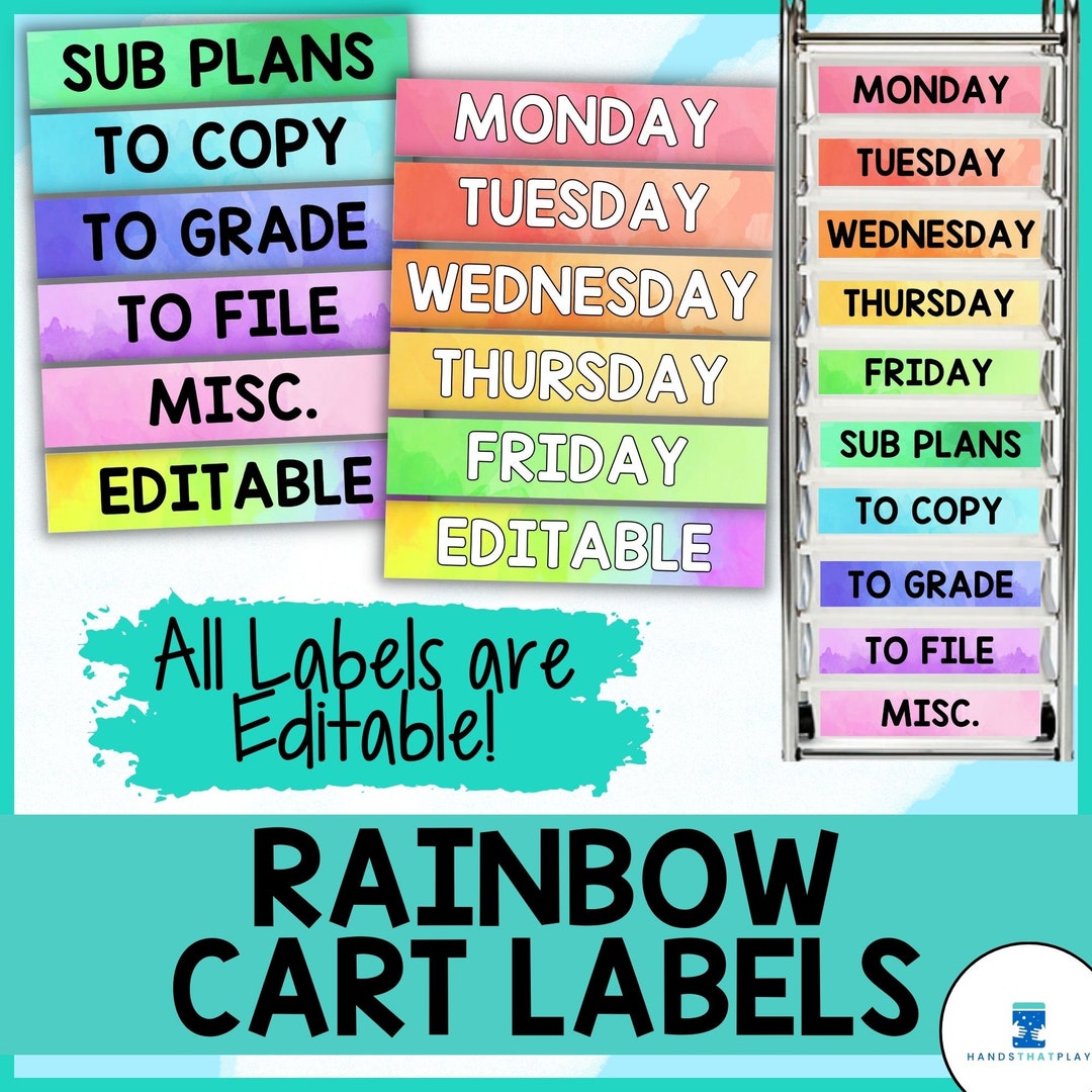 10 Drawer Rolling Cart Labels - Editable - Rainbow Watercolor Classroom ...
