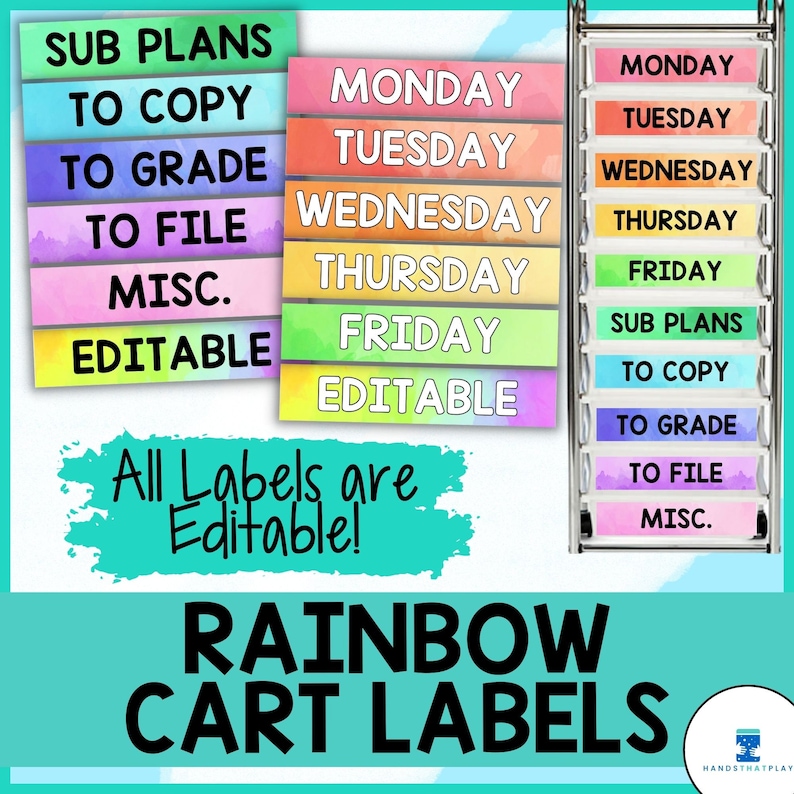 10 Drawer Rolling Cart Labels Editable Rainbow Watercolor Classroom ...