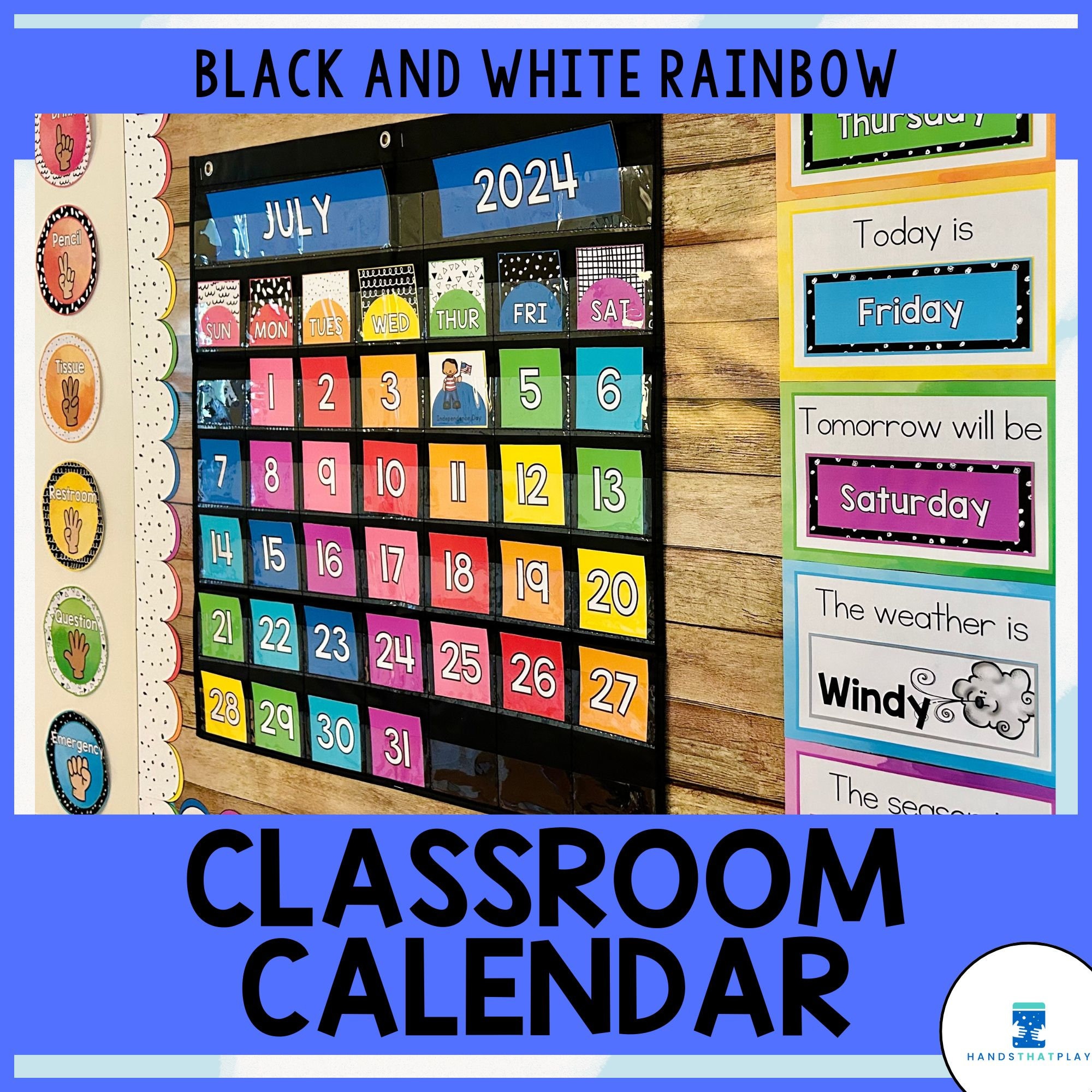 Classroom Calendar Pack | Monochrome Rainbow Pocket Chart Calendar ...