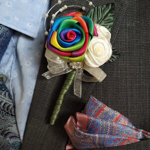 Rainbow Pride LGBTQ+ Buttonhole, Colourful Satin Wedding Boutonniere ...