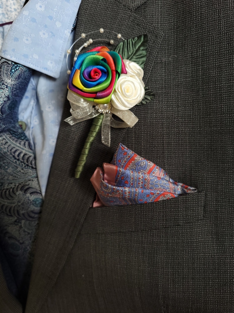 Rainbow Pride LGBTQ+ Buttonhole, Colourful Satin Wedding Boutonniere ...