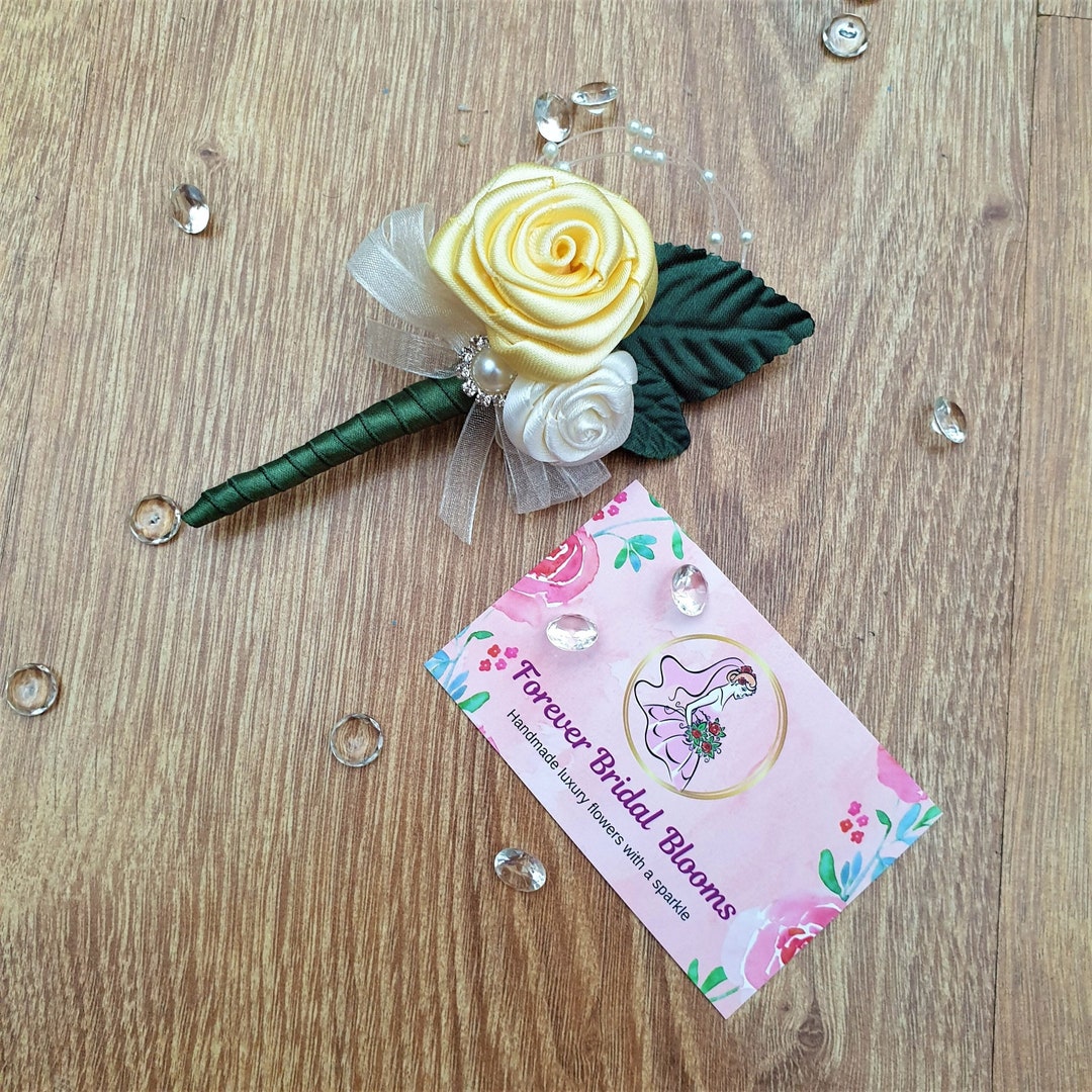 Light Yellow Pastel Luxury Rose Buttonhole. Handmade Wedding ...