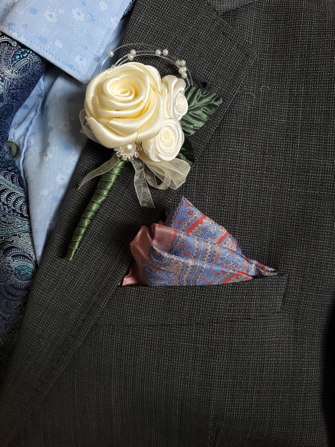 Cream White Buttonhole for Groom, Groomsmen. Classy Ivory Satin Wedding ...