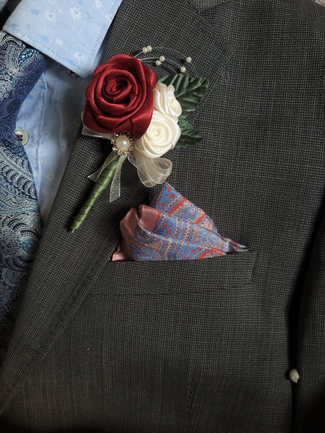 Dark Red/burgundy Luxury Rose Buttonhole. Handmade Wedding Boutonniere ...