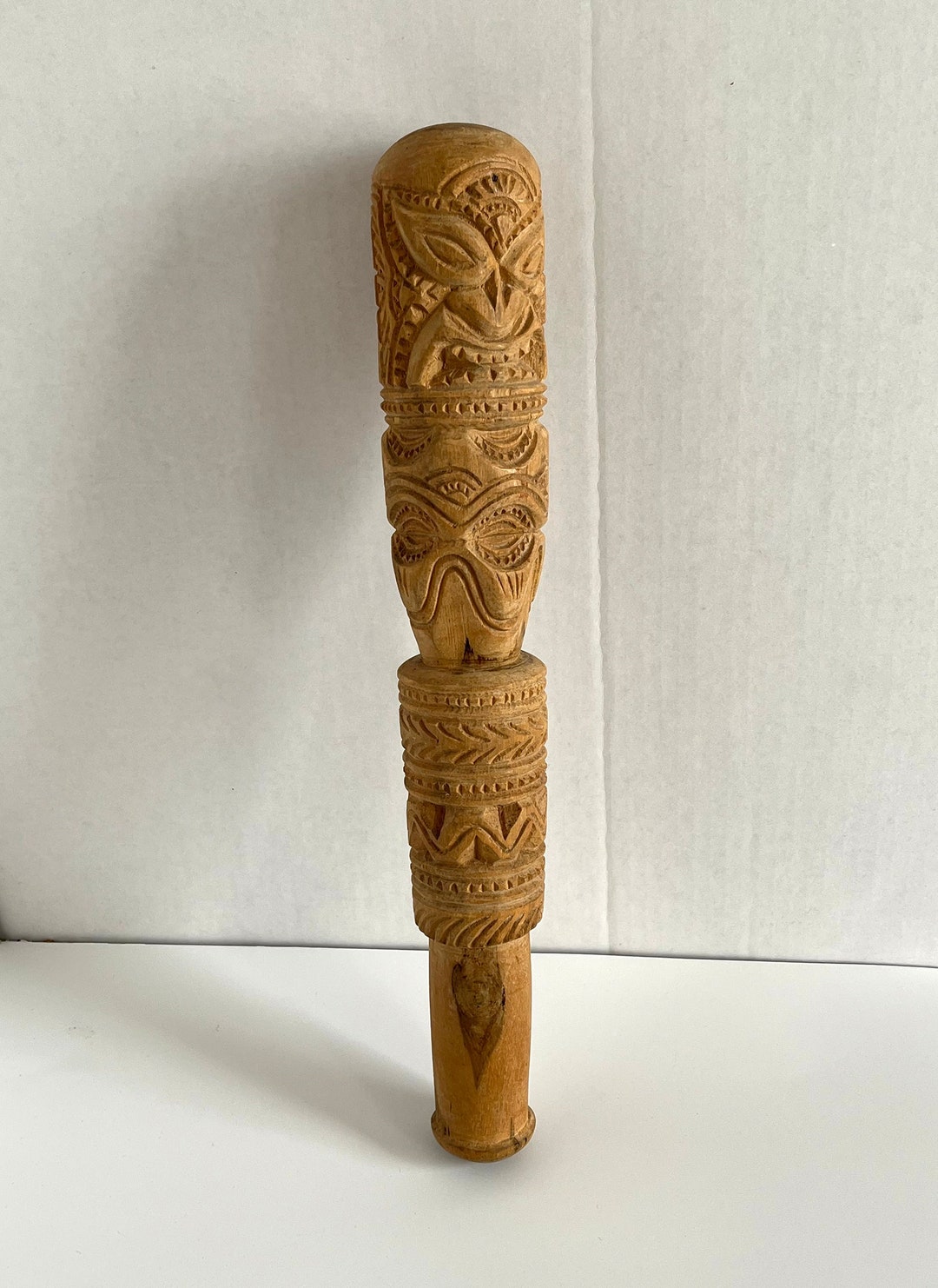 Vintage 17 1/4 Solid Hand Carved TIKI Totem Statue Night Stick Double ...