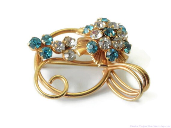 Vintage Flower Brooch Pin with Teal Blue and Clear Rh… - Gem