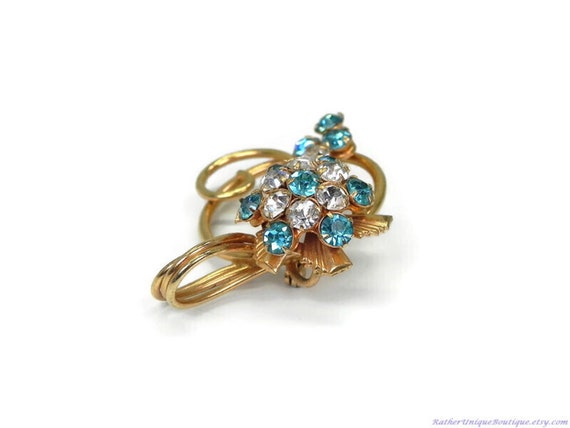 Vintage Flower Brooch Pin with Teal Blue and Clear Rh… - Gem